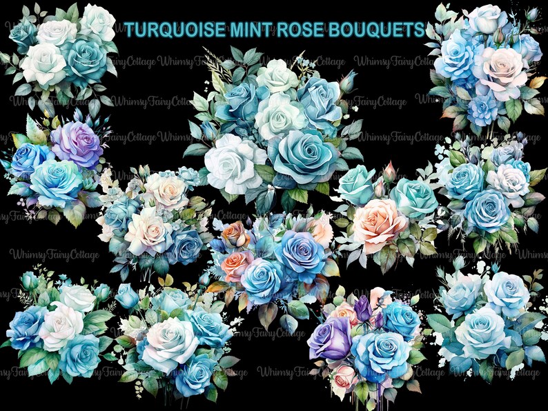 Turquoise and Mint Rose Clipart PNG Transparent, Rose Bouquets Digital ...