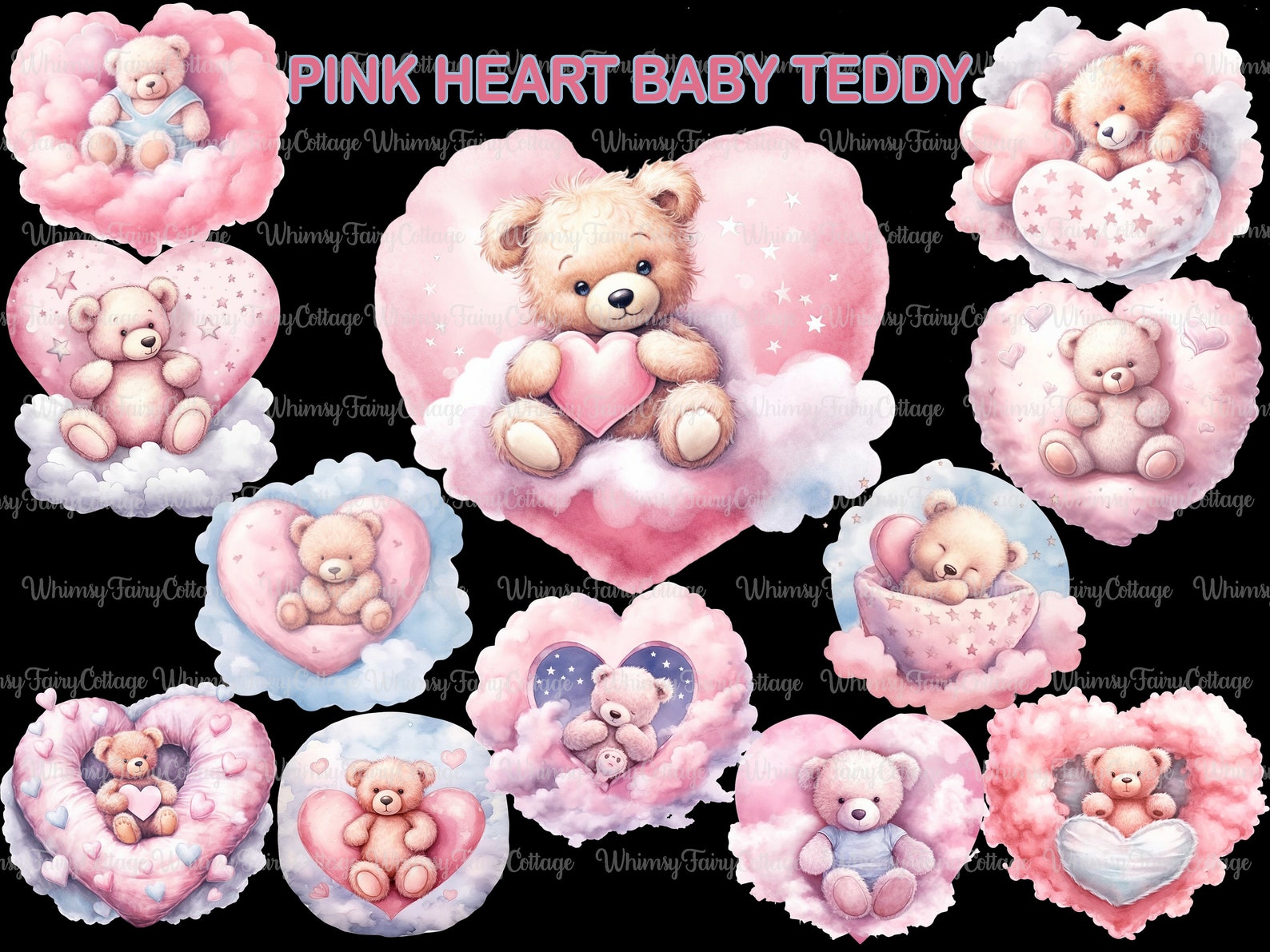Pink Watercolor Baby Girl Teddy Heart Clipart, Nursery Teddy Printable ...