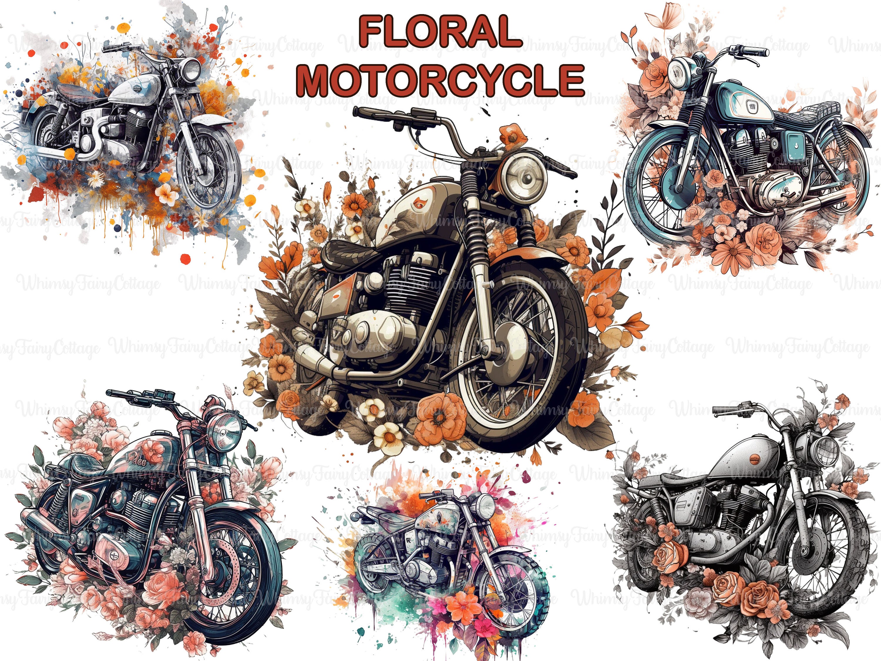 Watercolor Floral Motorcycle Digital Clipart PNG Transparent ...