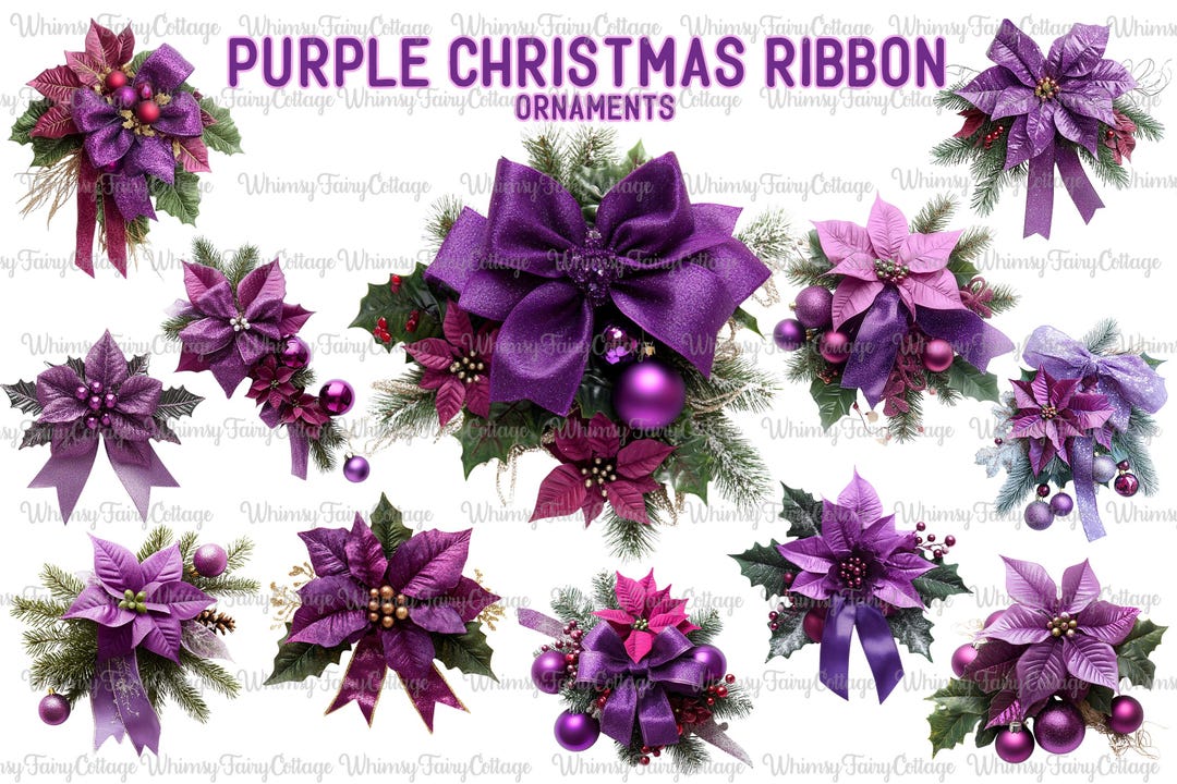 Purple Christmas Ornament Clipart: Ribbon Bow Poinsettia (PNG) - Etsy