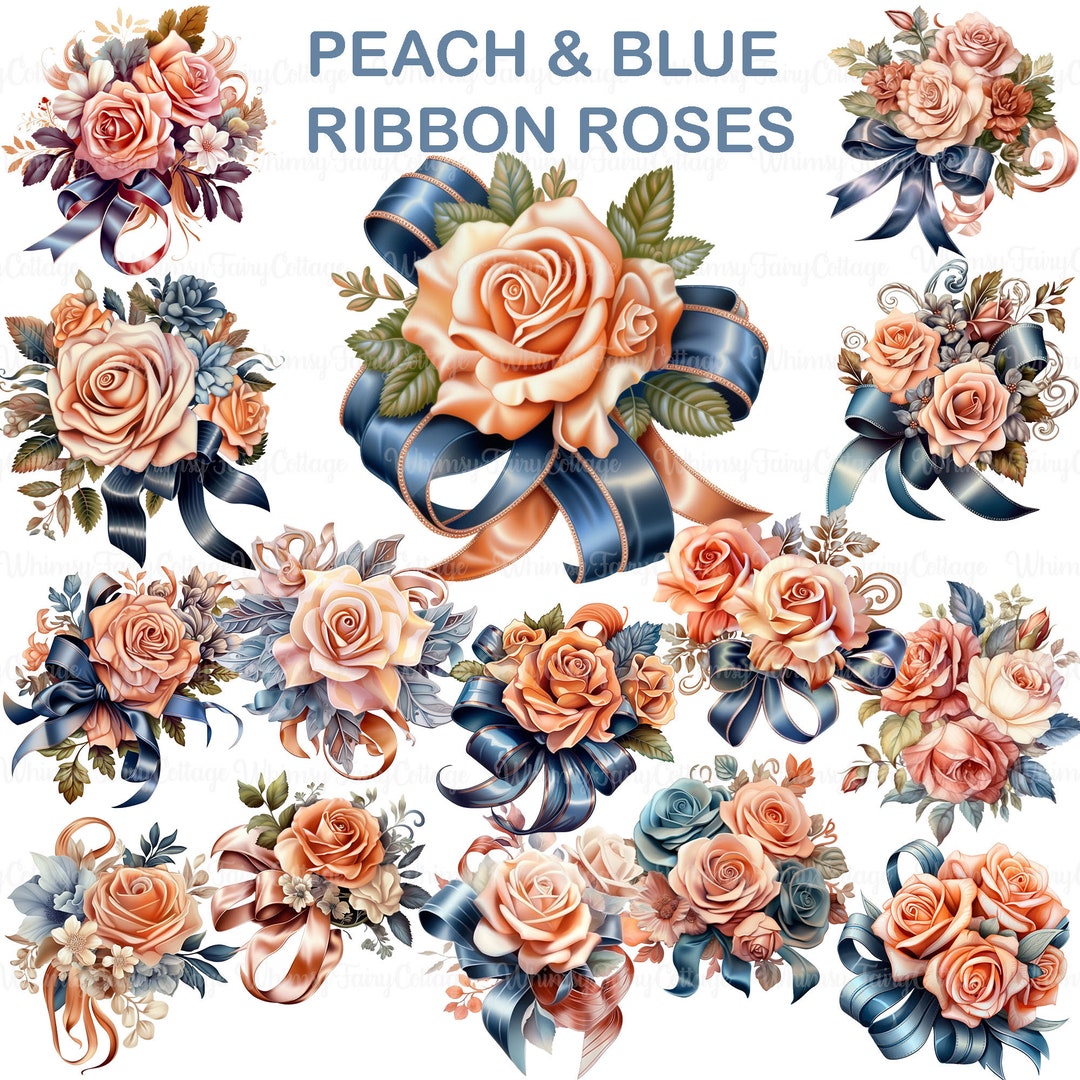 Peach and Blue Ribbon Rose Clipart, Roses Bouquet With Ribbons PNG ...
