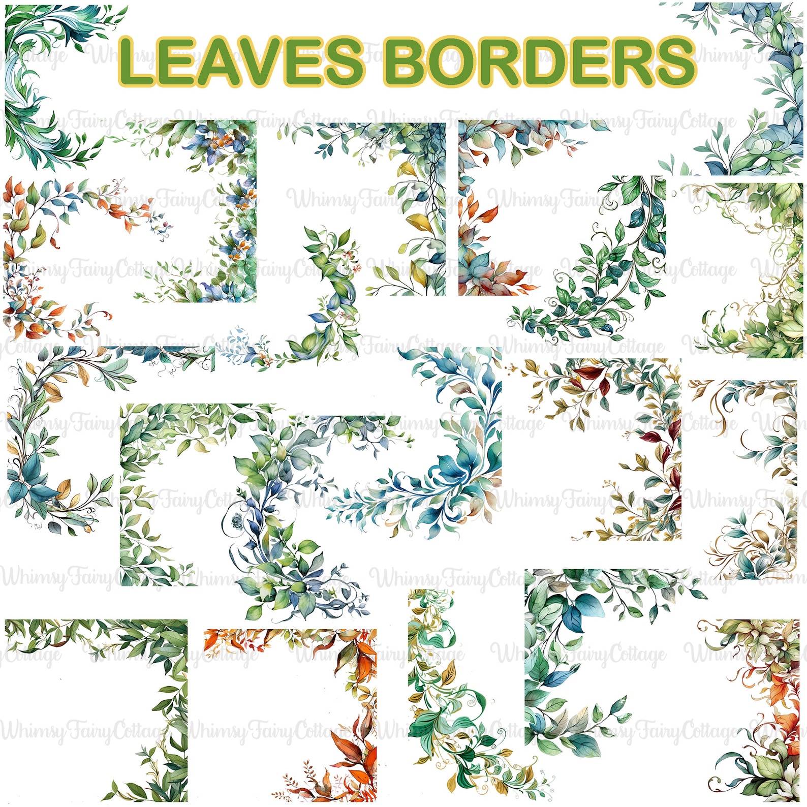 20 Leaves Border Clipart, Cardmaking Borders PNG, Foliage Journaling ...