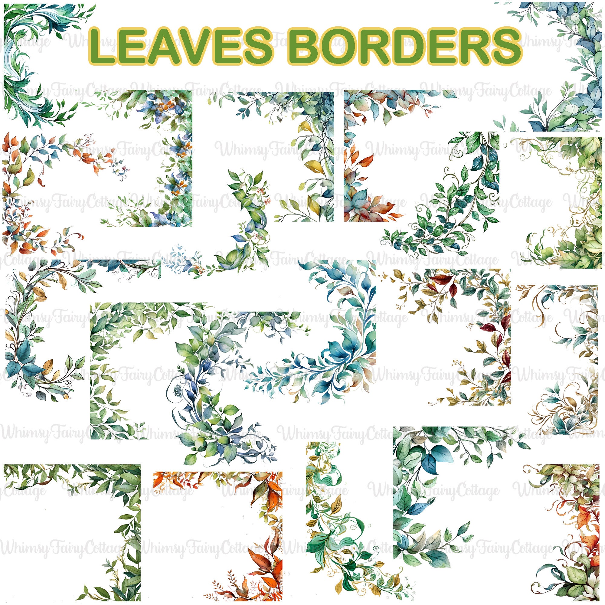20 Leaves Border Clipart, Cardmaking Borders PNG, Foliage Journaling ...