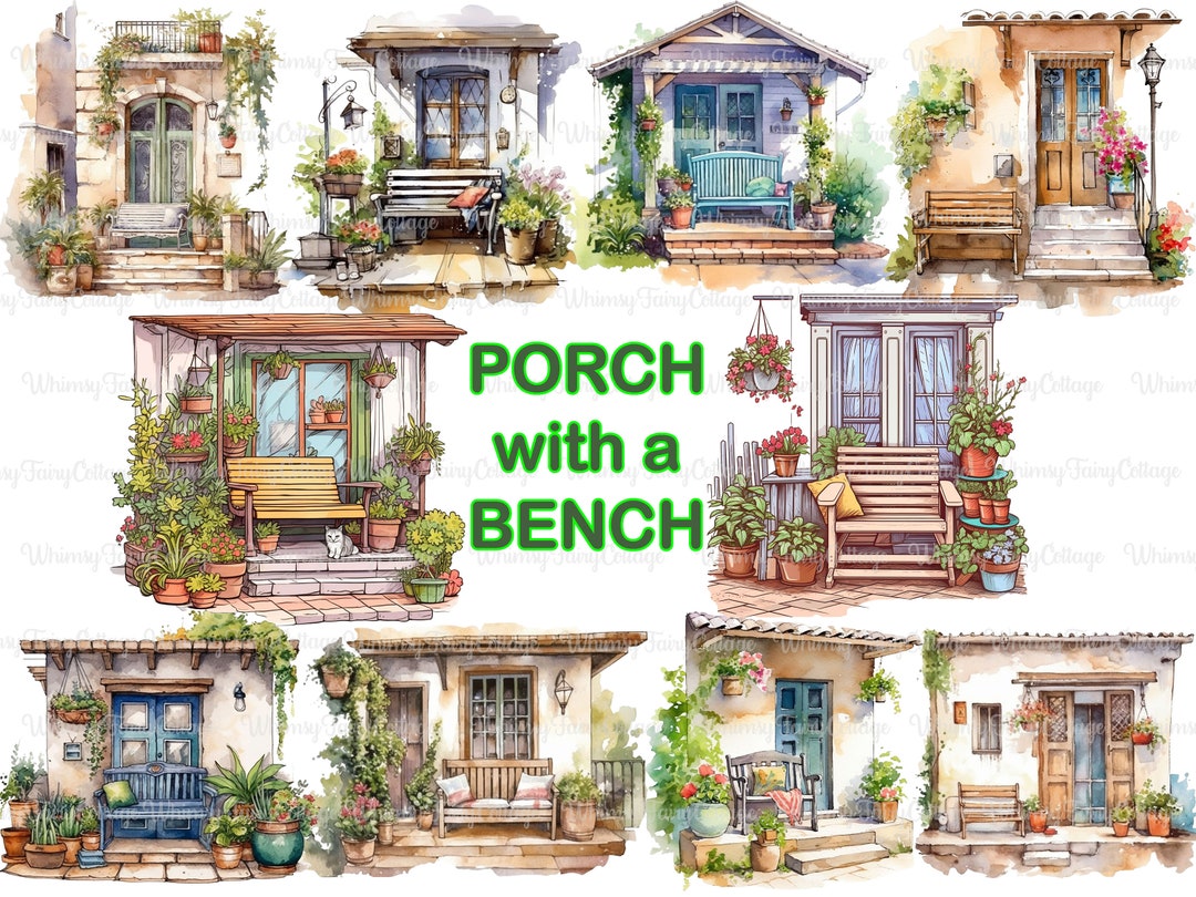 Porch With Bench Clipart PNG Transparent, Floral Front Porch Digital ...