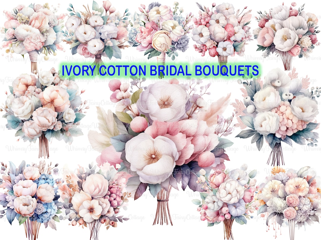 Ivory Cotton Bouquet Clipart Watercolor White Flower Bouquets - Etsy