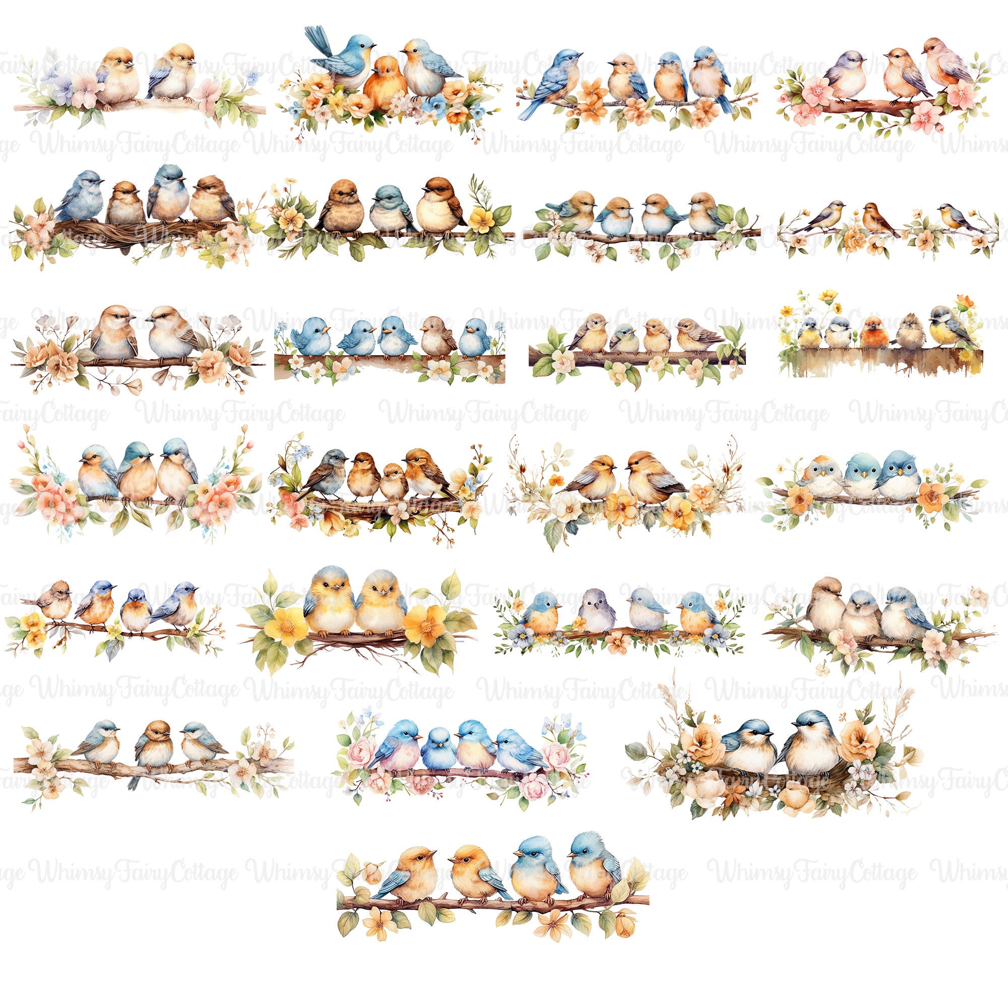 24 Border Baby Birds on Floral Branch Clipart PNG, Cardmaking Borders ...