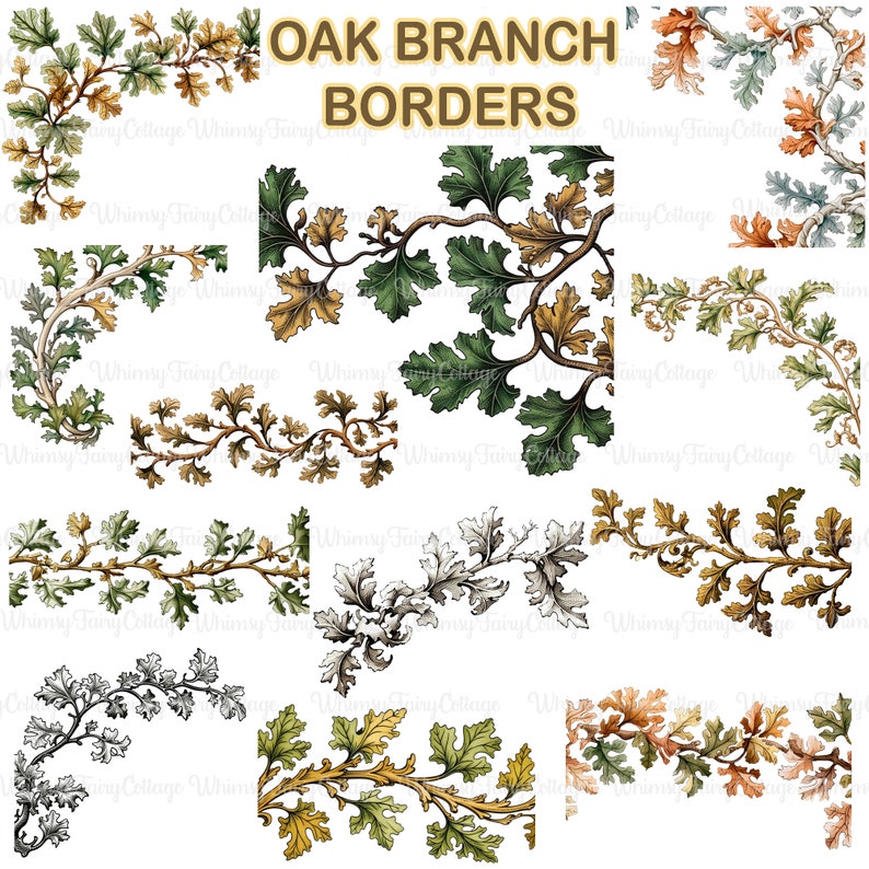 Oak Branch Border Clipart, 12 Oak Leaves Branches PNG, Cardmaking ...