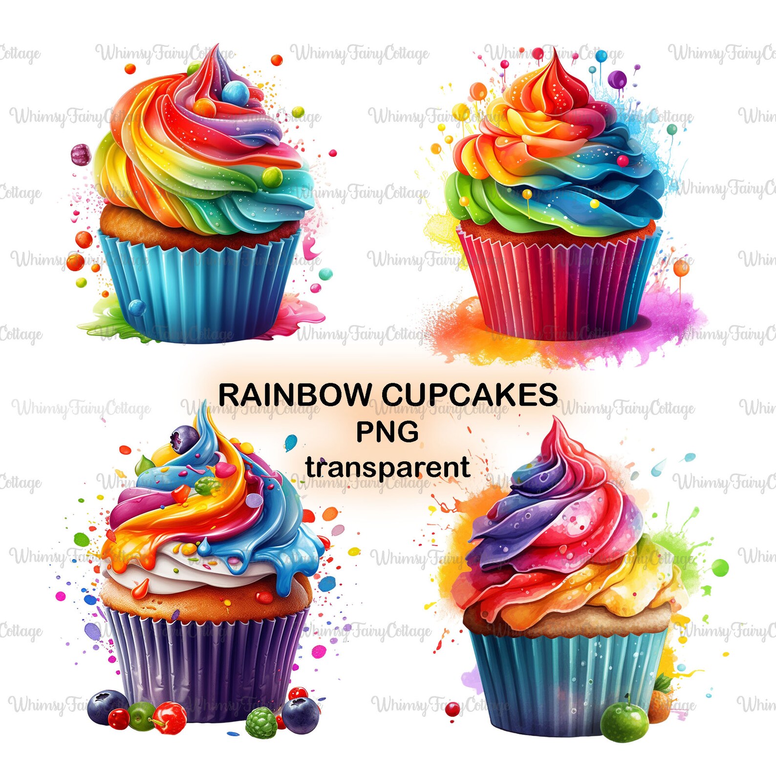 4 Rainbow Cupcakes Clipart, Birthday Cupcake, Party Cupcakes Clipart ...
