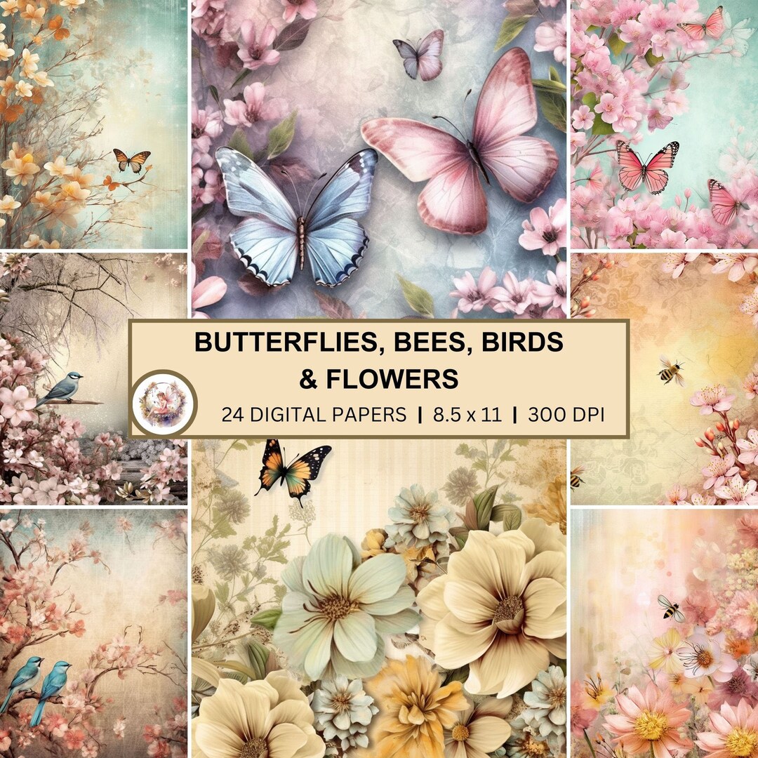 Butterflies, Bees, Birds, and Flowers Digital Paper, Scrapbooking ...