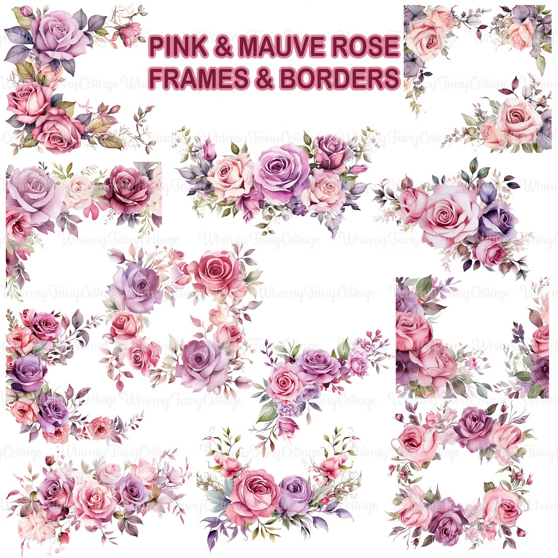 12 Pink and Mauve Rose Frames and Borders, Watercolor Cardmaking ...