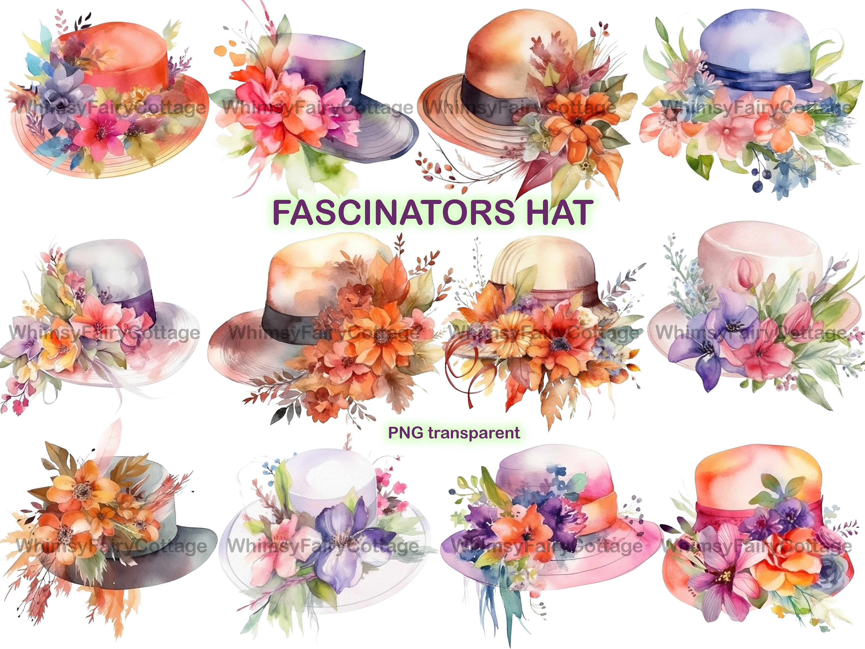 12 Watercolor Fascinators Hat Clipart PNG Transparent - Etsy