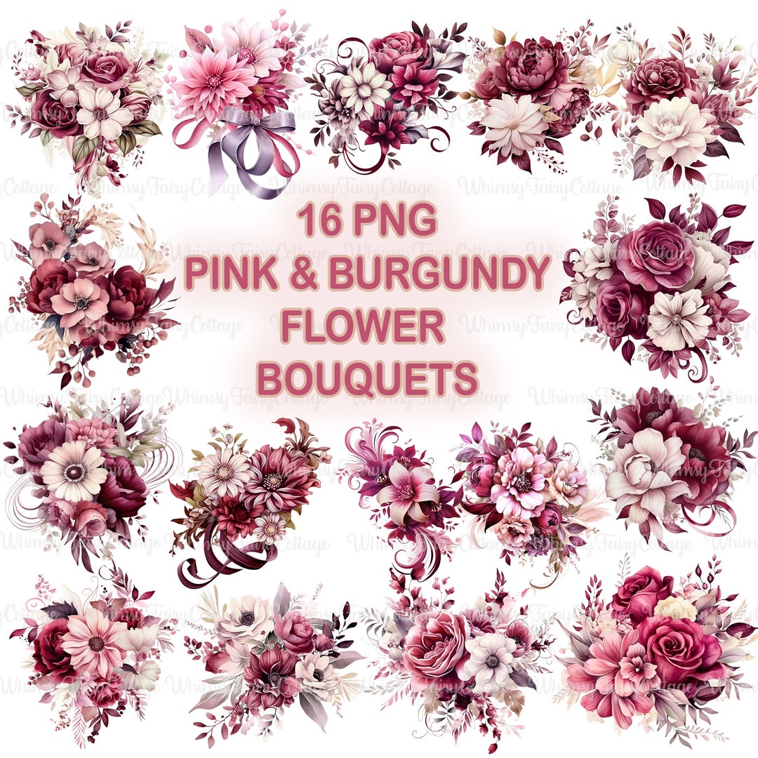 16 Pink and Burgundy Flower Bouquet PNG Clipart, Dark Red Blooms With ...