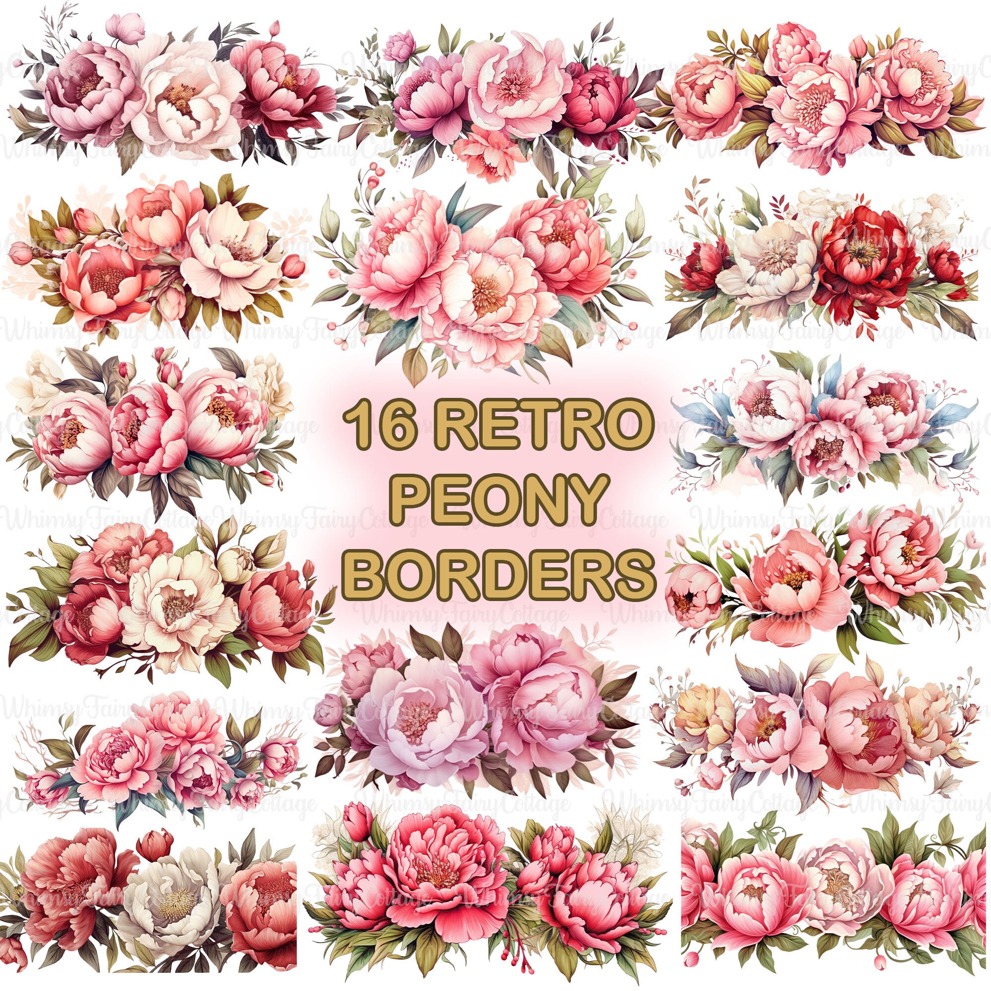 Retro Peony Border PNG Clipart, 16 Peonies Borders and Banners Clip Art ...