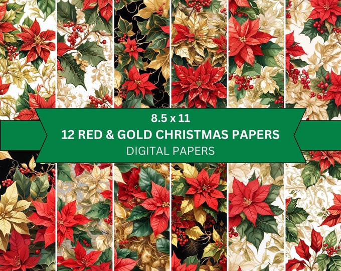 Poinsettia Charm Christmas Winter Holiday Bordered Digital Papers ...