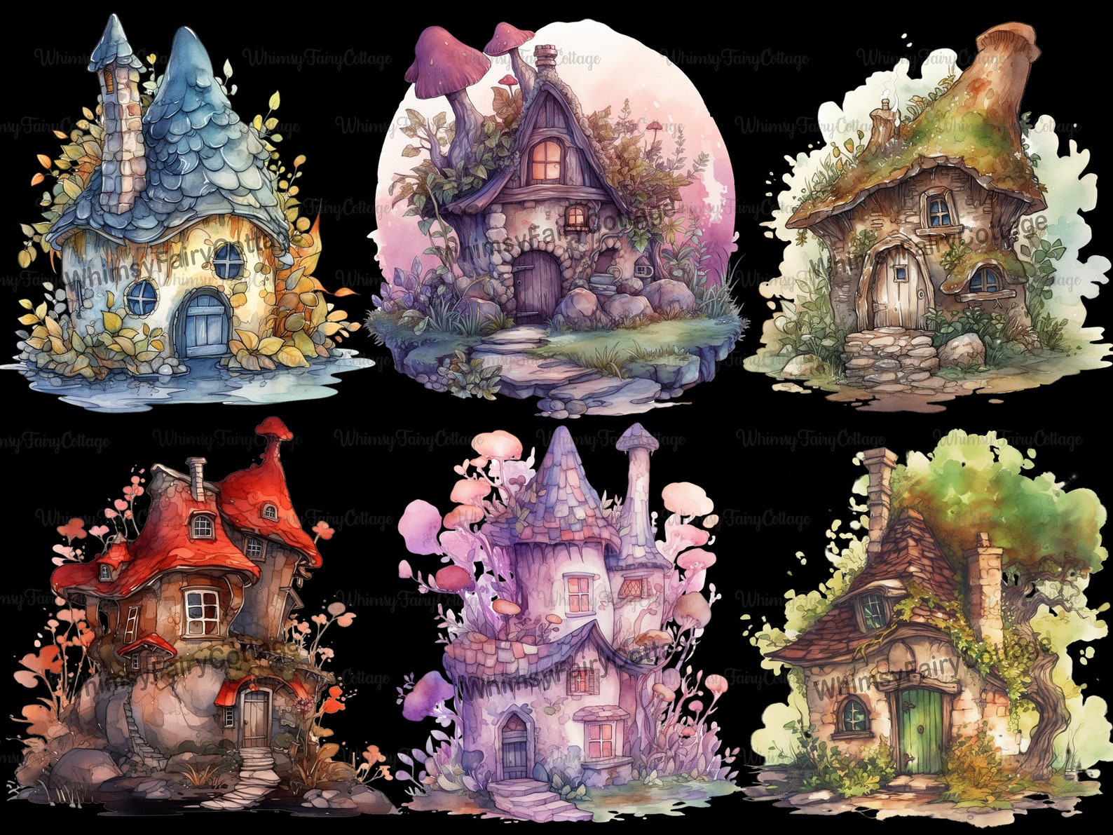 6 Watercolor Fairy Houses Clipart PNG Mushroom Stone House - Etsy