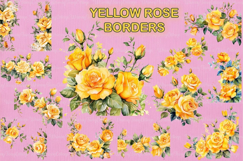 Watercolor Yellow Roses Border Clipart: Floral PNG (digital Download ...