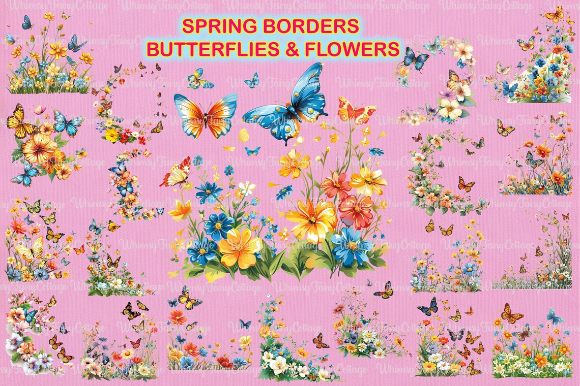 20 Spring Butterflies and Flowers Border Clipart PNG Transparent ...