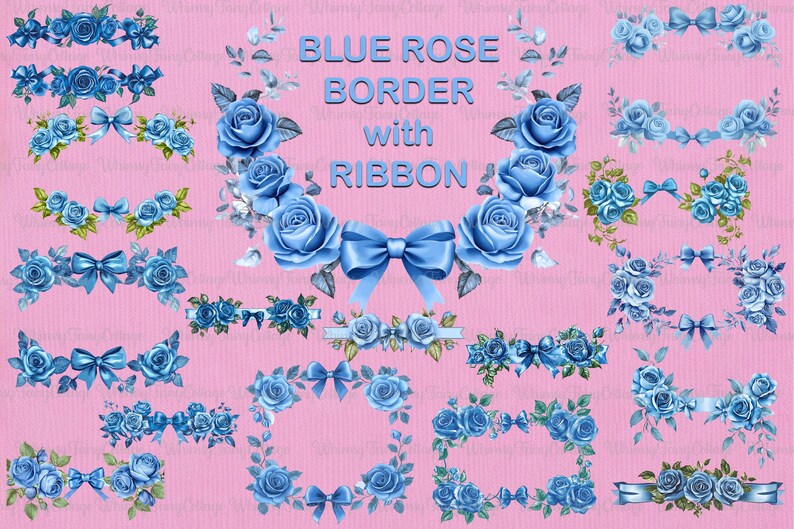 Blue Rose Ribbon Border PNG Clipart: Wedding Flower Banner (digital ...