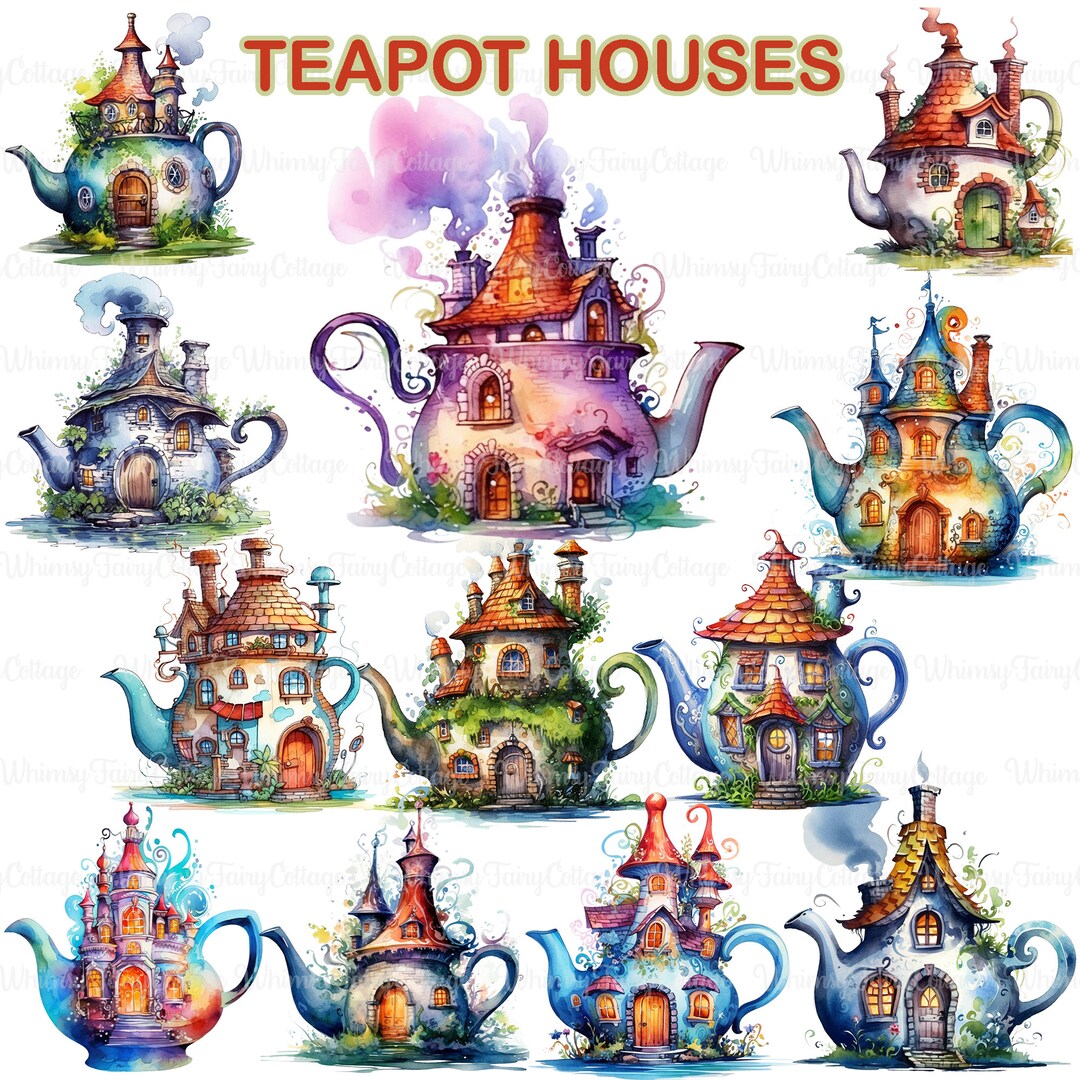 Teapot House Clipart, 12 Teapot Houses PNG, Scrapbooking Cardmaking ...