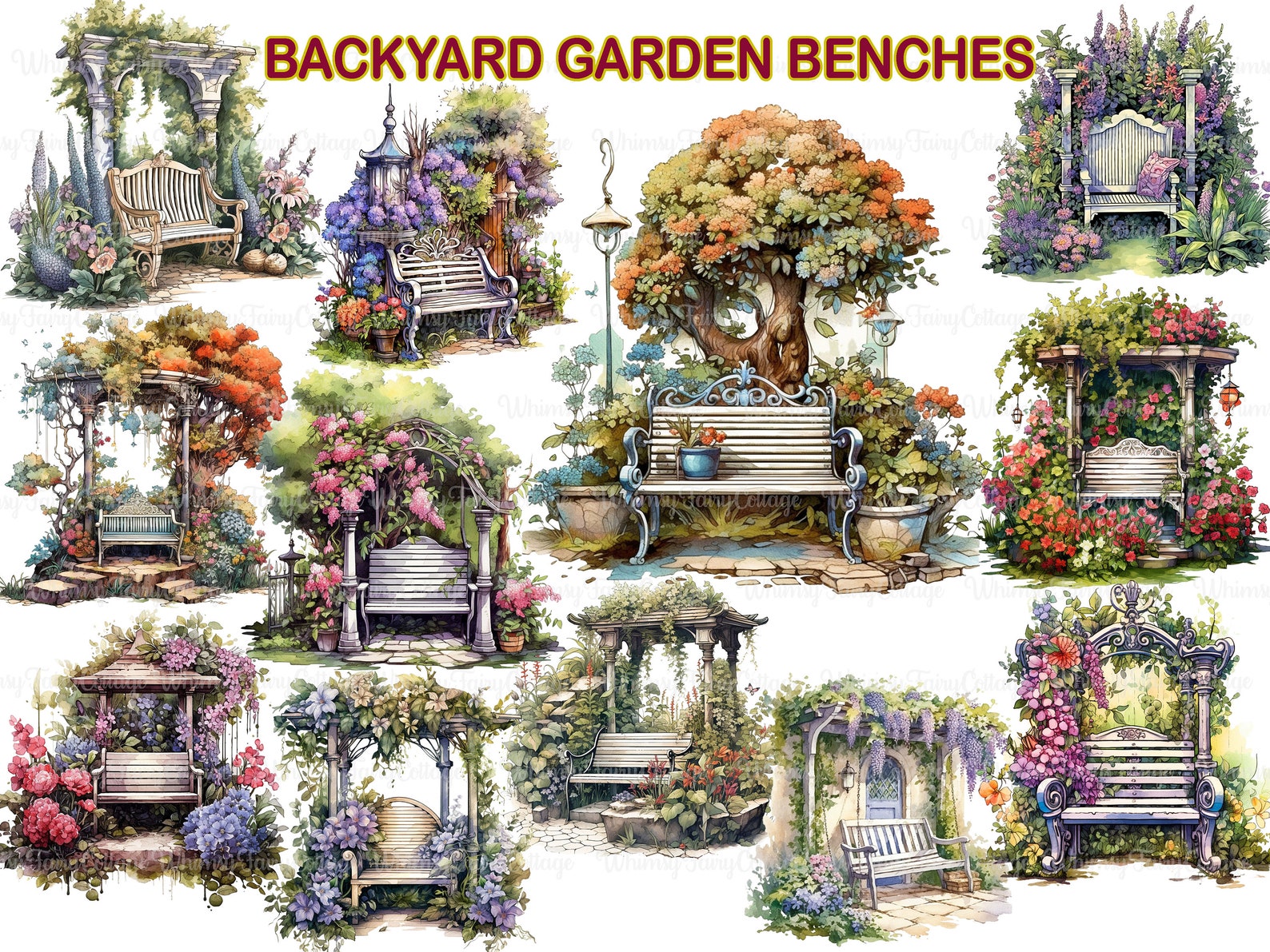 12 Watercolor Backyard Garden Benches Clipart, Floral Benches PNG ...