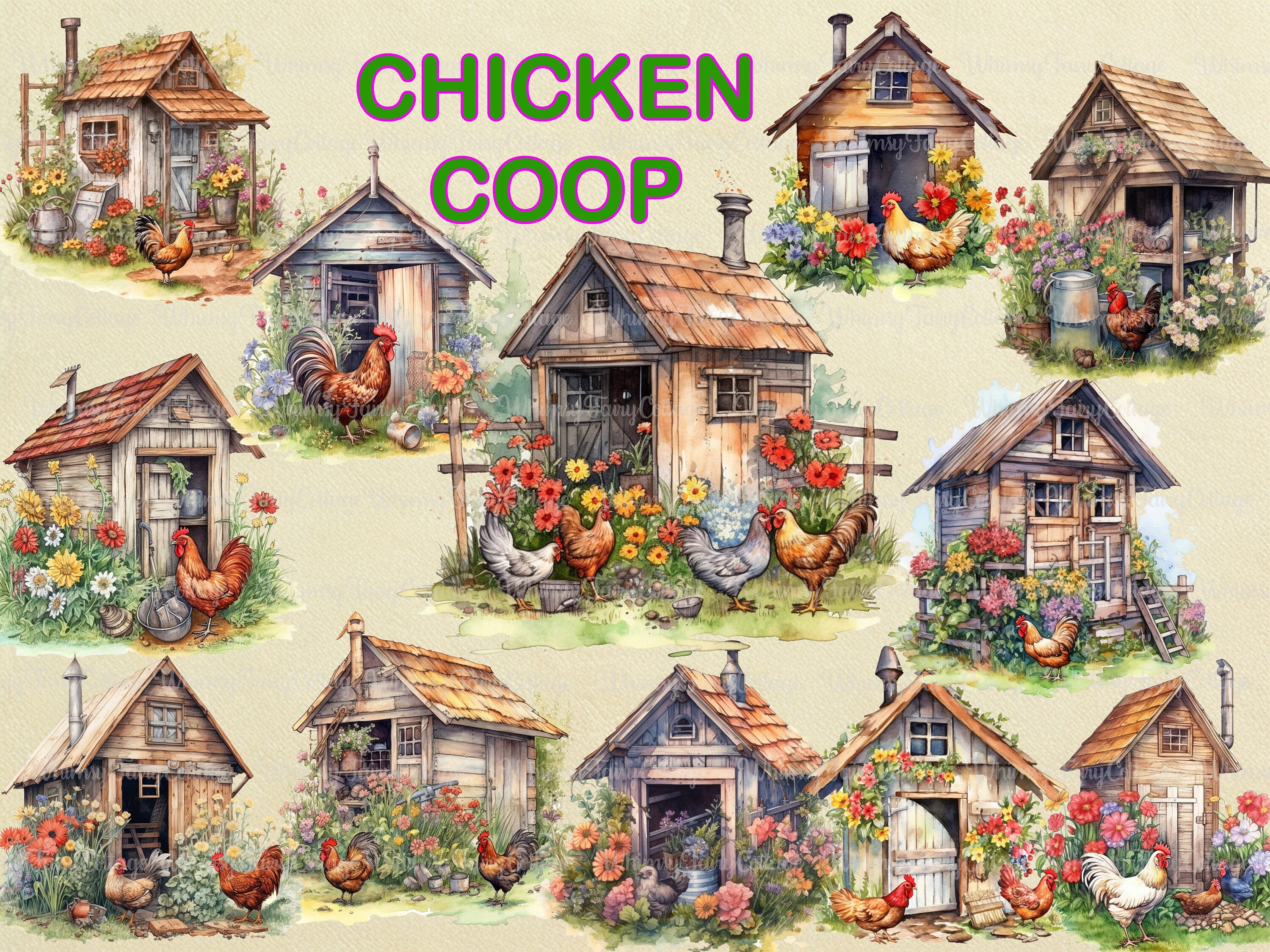 12 Watercolor Chicken Coop Clipart, Sublimation Chickens PNG, Farm ...