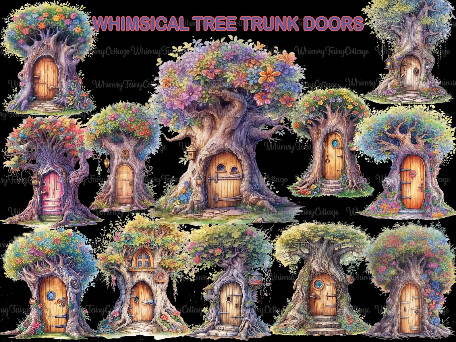 12 Whimsical Tree Trunk Door Clipart, Fantasy Doors PNG, Sublimation ...