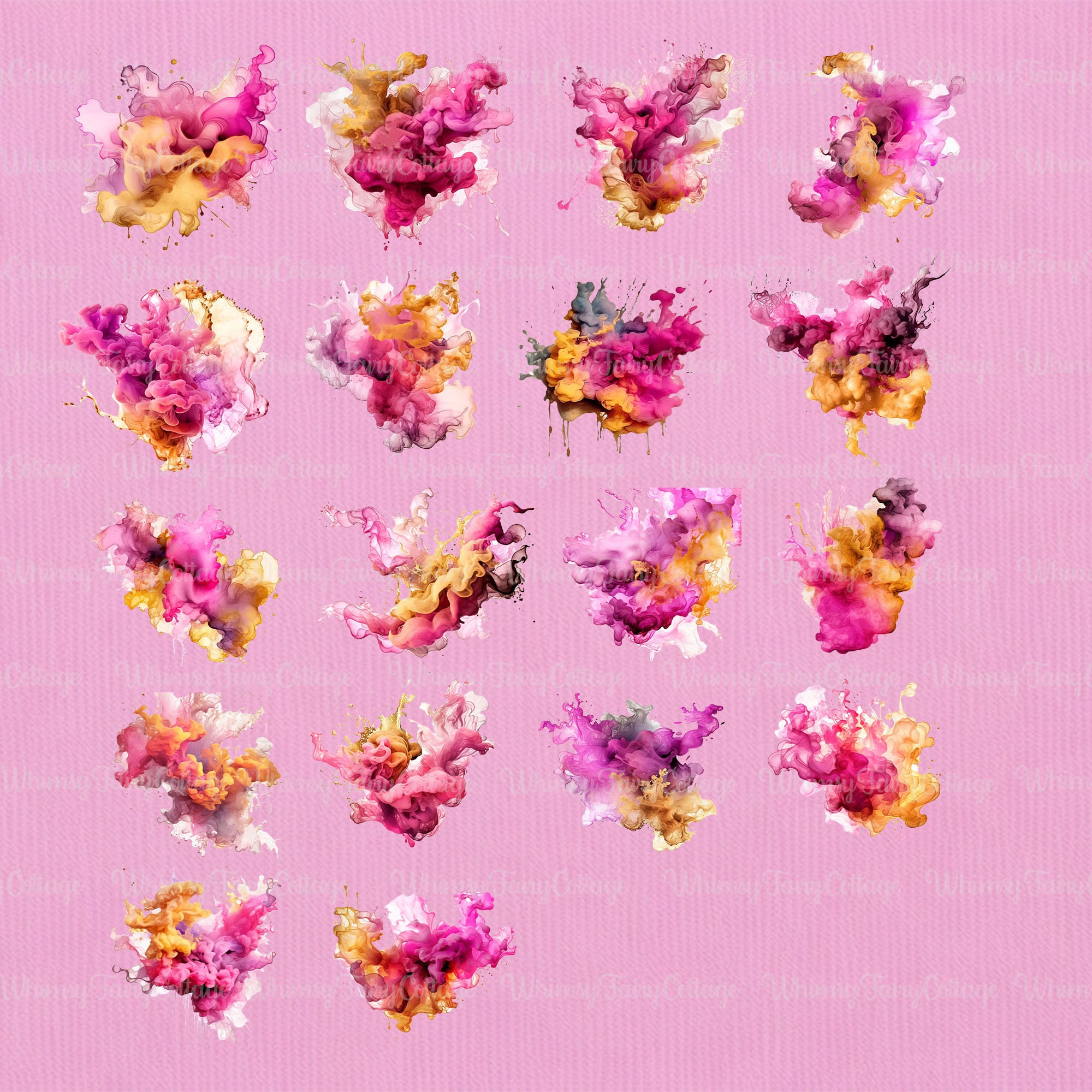 18 Pink and Metallic Gold Smoke Clipart, Colored Smoke Overlay ...