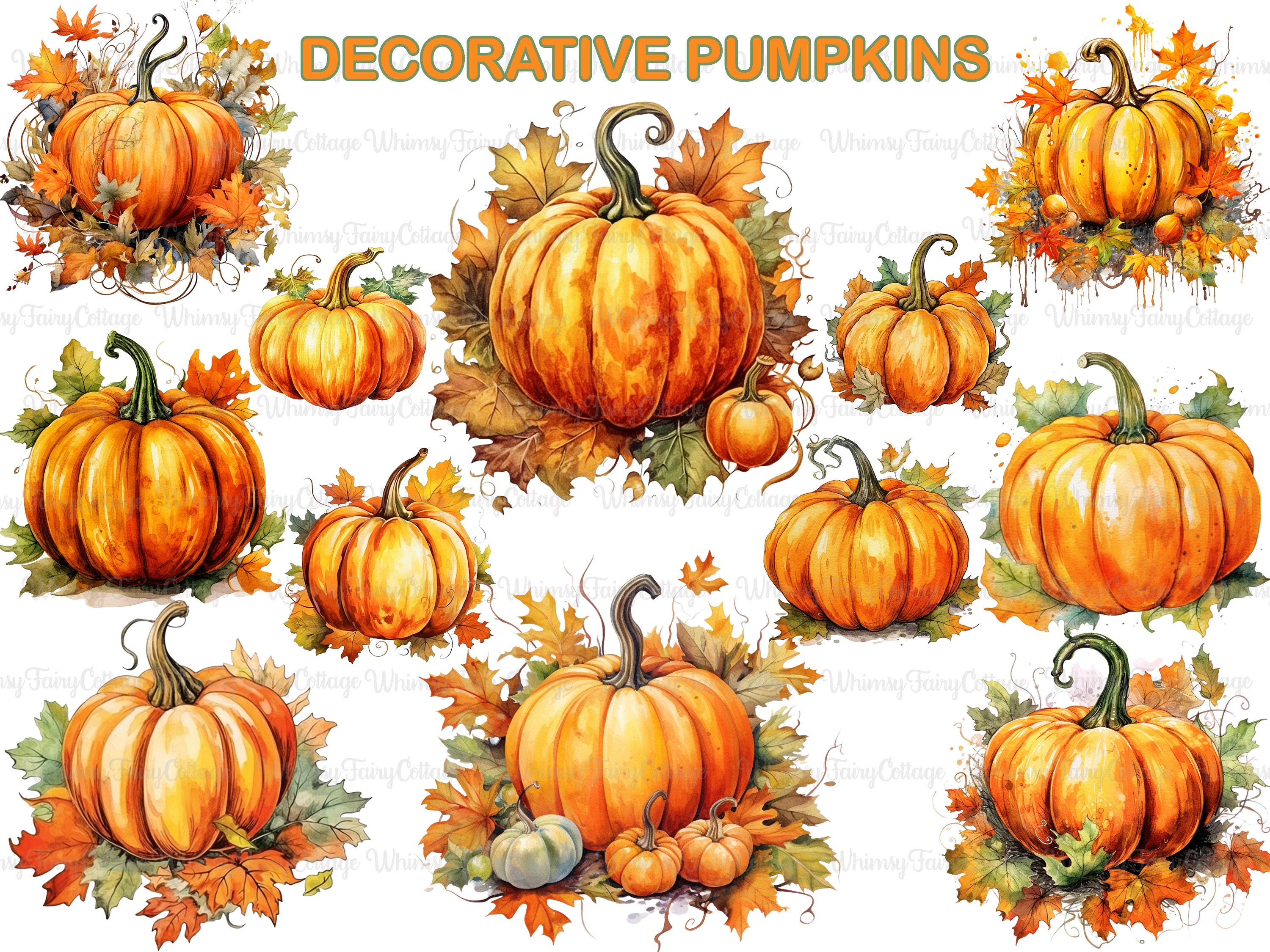 Decorative Fall Pumpkin Clipart Watercolor Pumpkins PNG - Etsy