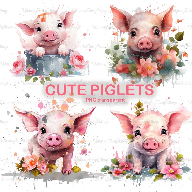 Watercolor Cute Piglets Clipart, Floral Baby Pigs Clipart, Sublimation ...