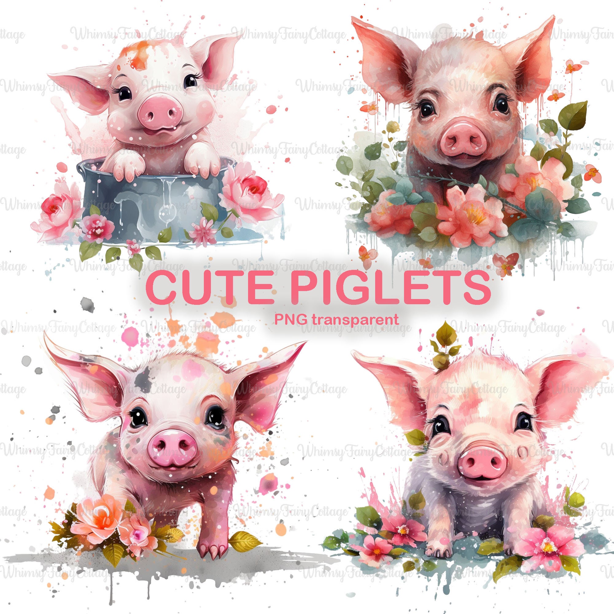 Watercolor Cute Piglets Clipart, Floral Baby Pigs Clipart, Sublimation ...