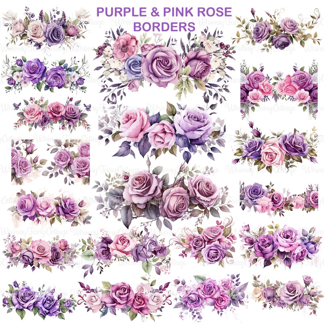 20 Purple and Pink Roses Border Clipart PNG, Bridal Cardmaking Floral ...