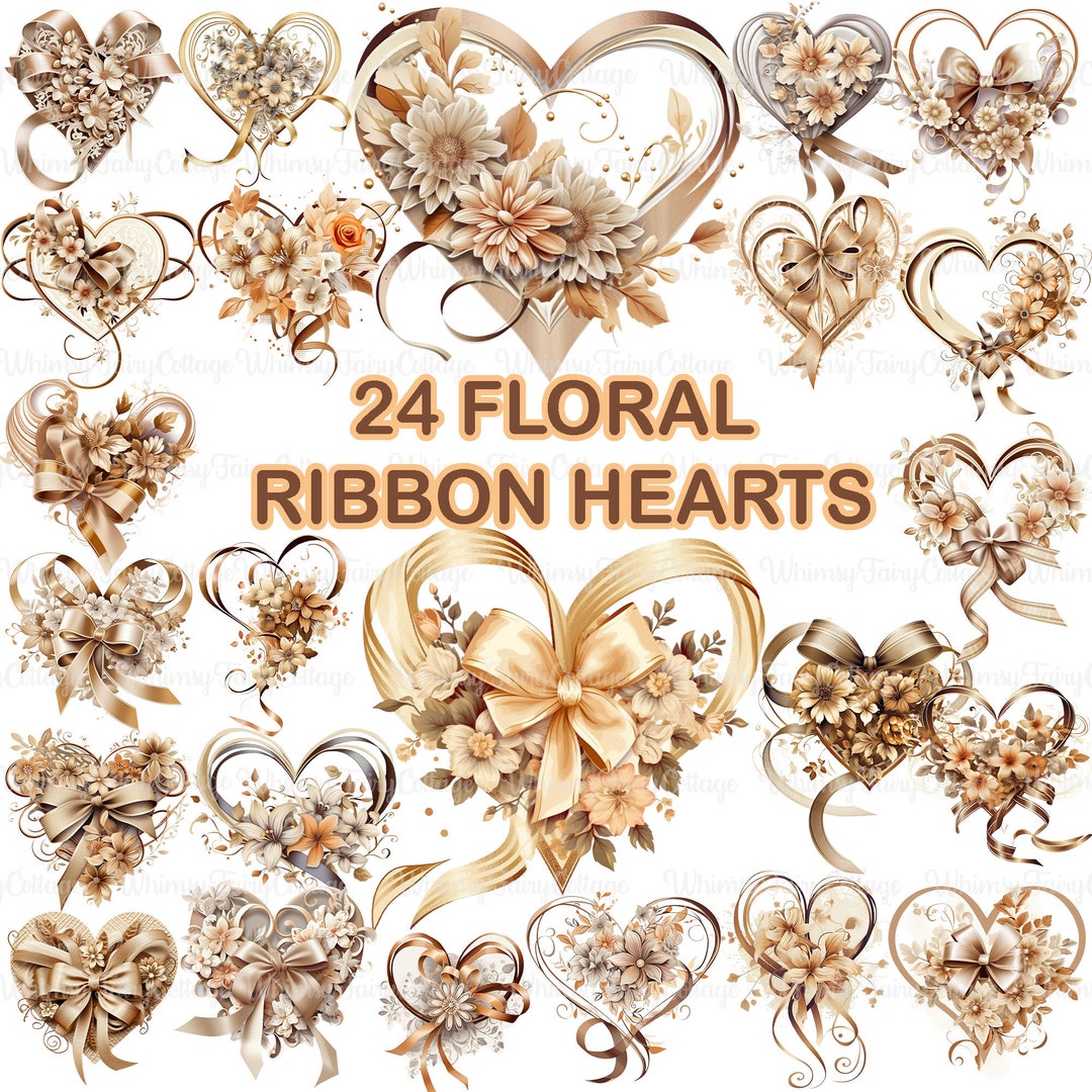 24 Floral Ribbon Heart Clipart PNG, Valentine's Day Beige Heart Wedding ...