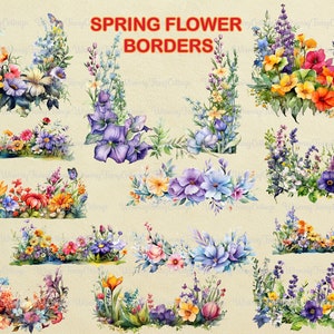12 Spring Flower Border Clipart, Watercolor Vibrant Flowers PNG ...
