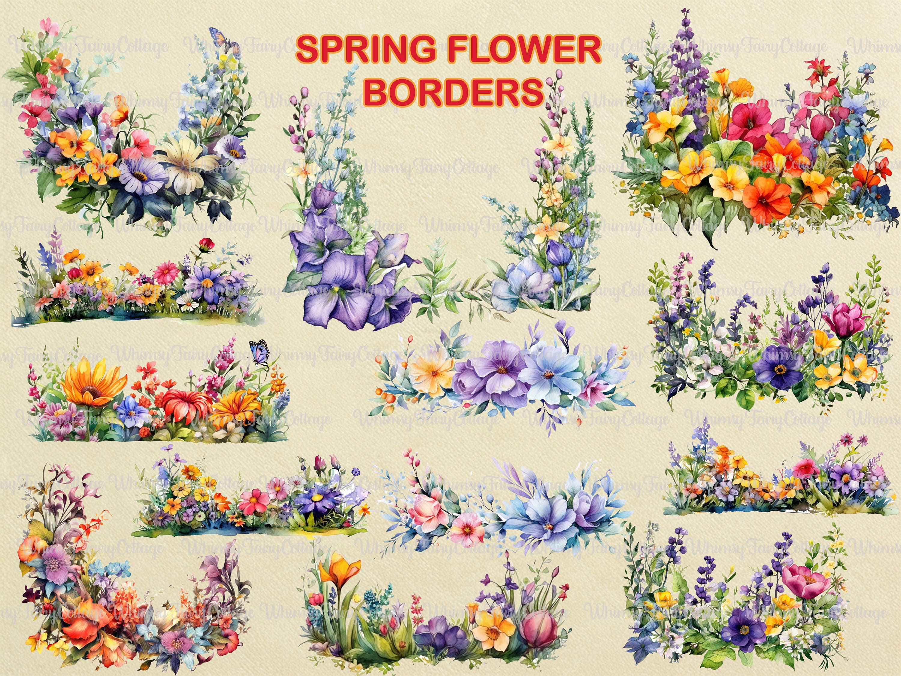 12 Spring Flower Border Clipart, Watercolor Vibrant Flowers PNG ...