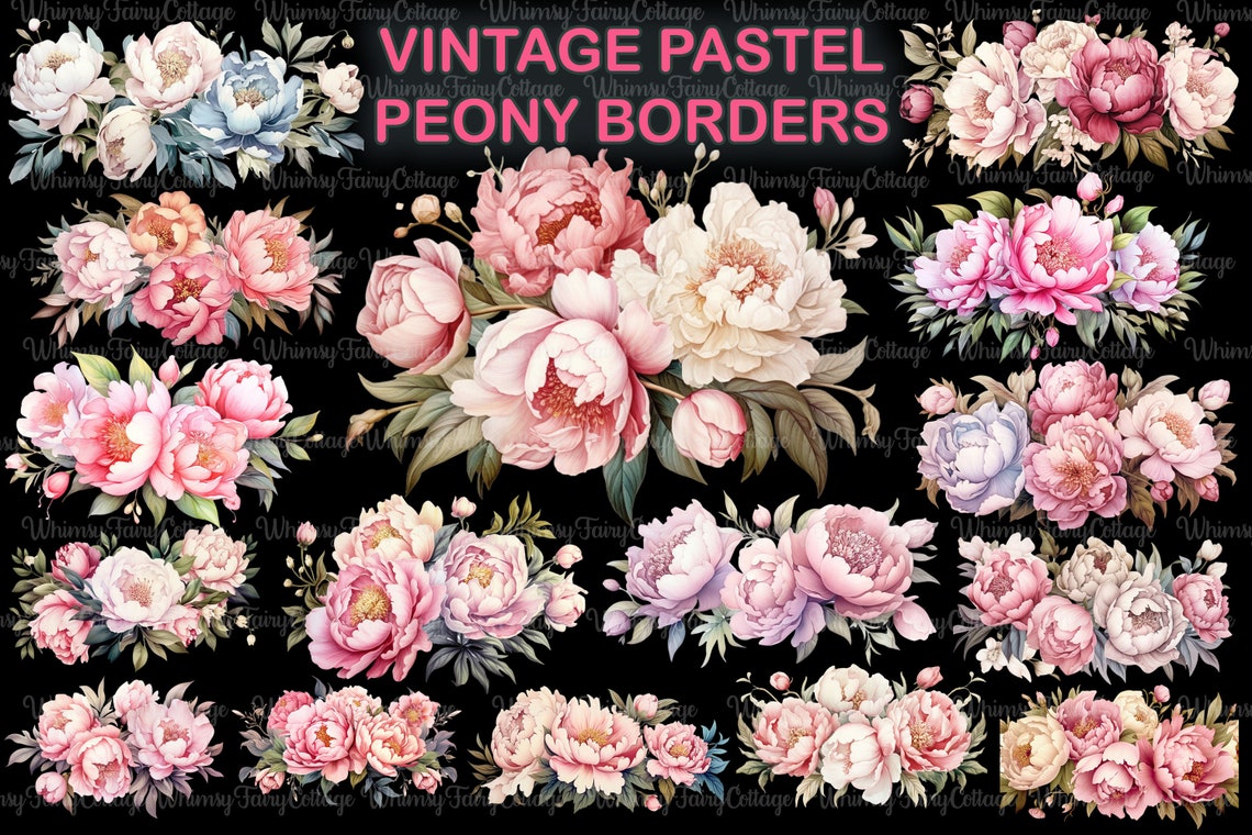 Pastel Peony Borders PNG Clipart, Vintage Pastel Peony Flowers Digital ...