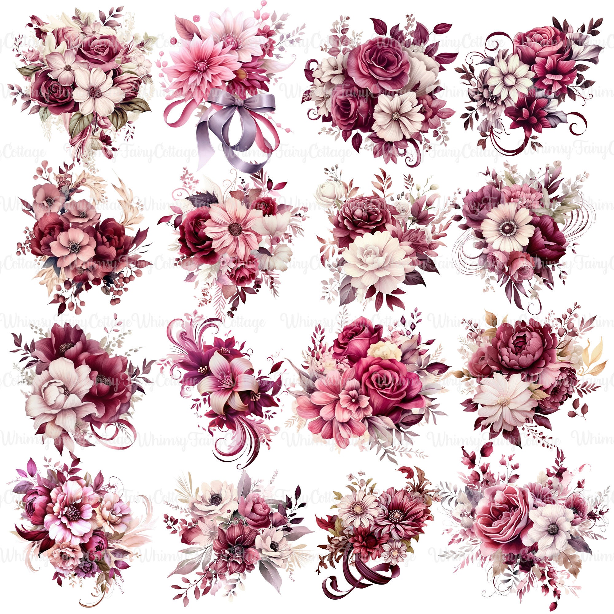 16 Pink and Burgundy Flower Bouquet PNG Clipart, Dark Red Blooms With ...