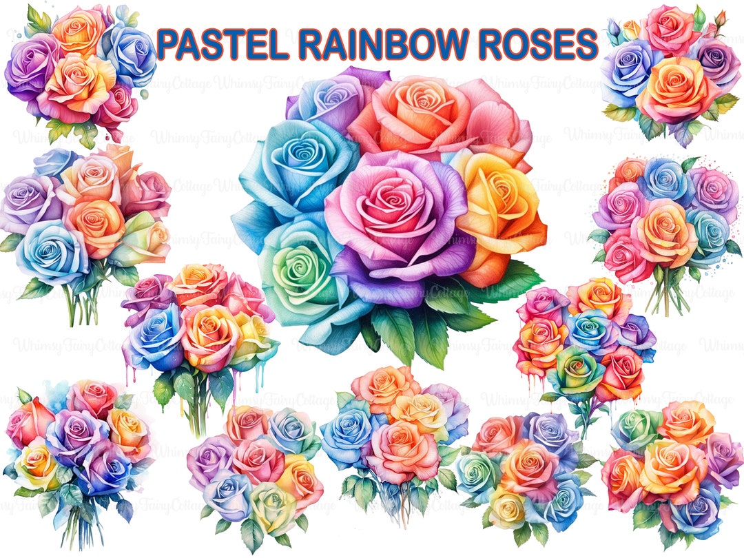 12 Watercolor Pastel Rainbow Rose Bouquet Clipart, Sublimation Flowers ...