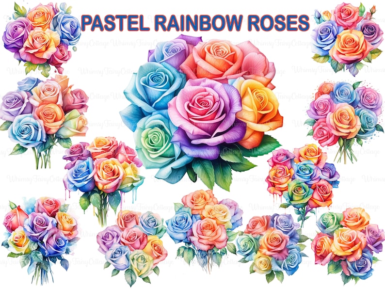 12 Watercolor Pastel Rainbow Rose Bouquet Clipart, Sublimation Flowers ...