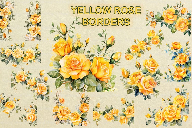 Watercolor Yellow Roses Border Clipart: Floral PNG (digital Download ...