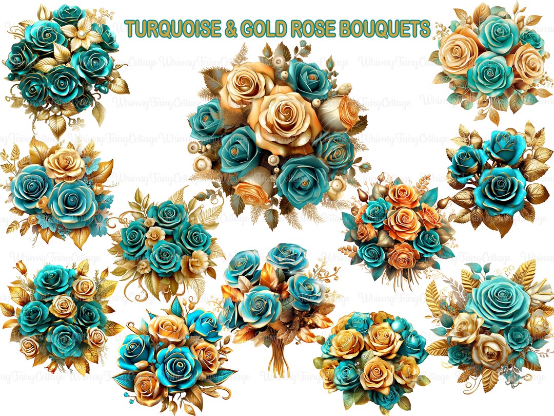 Turquoise and Gold Rose Bouquet Clipart PNG Transparent, Rose Bouquet ...