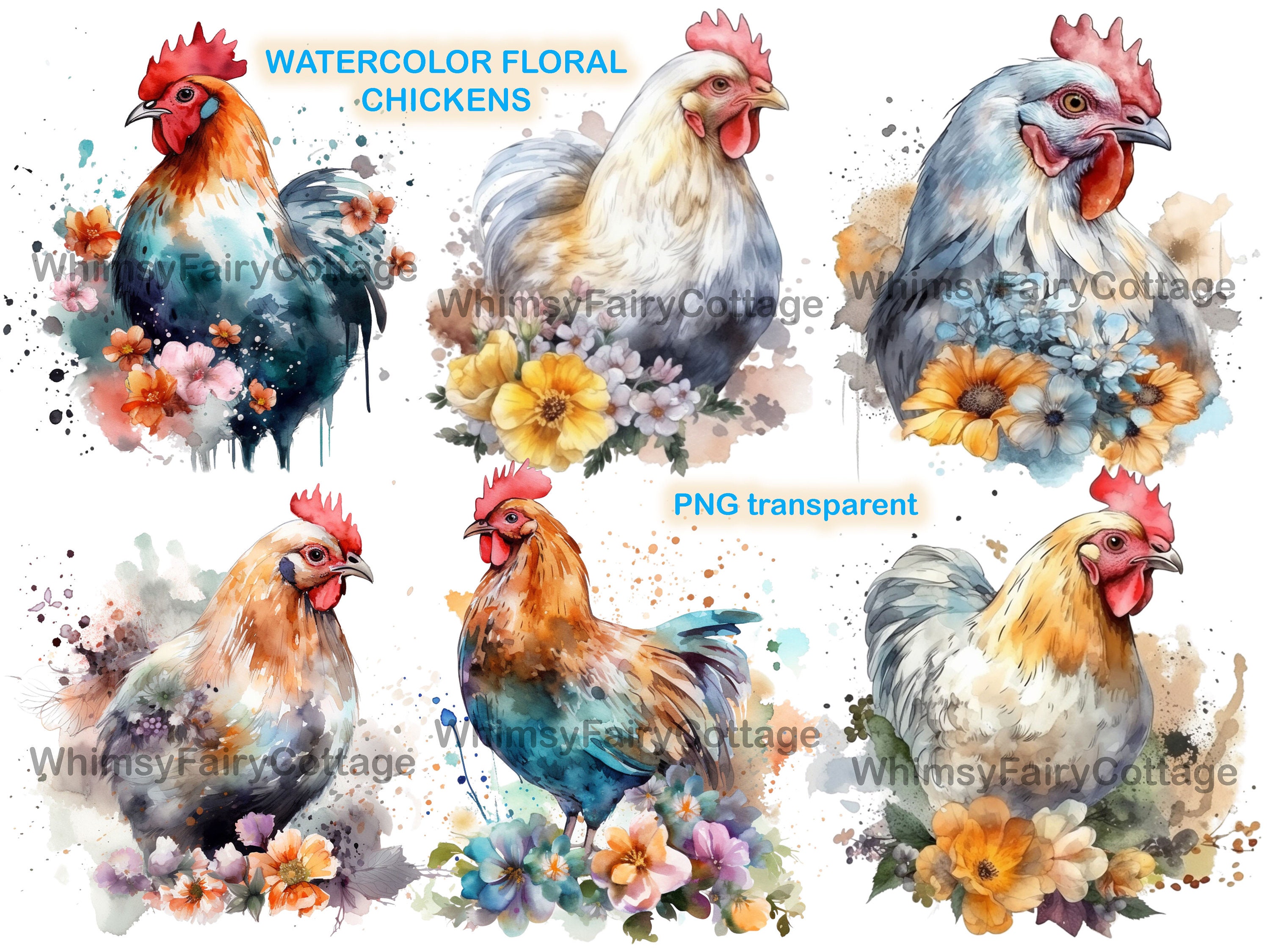 6 Watercolor Floral Chickens Clipart PNG Sublimation - Etsy UK