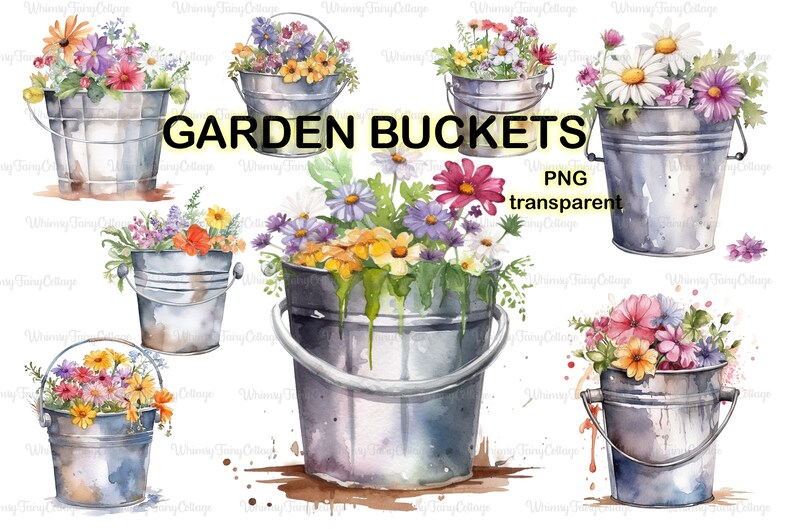 8 Garden Buckets in Watercolor Clipart Rustic Floral Buckets - Etsy