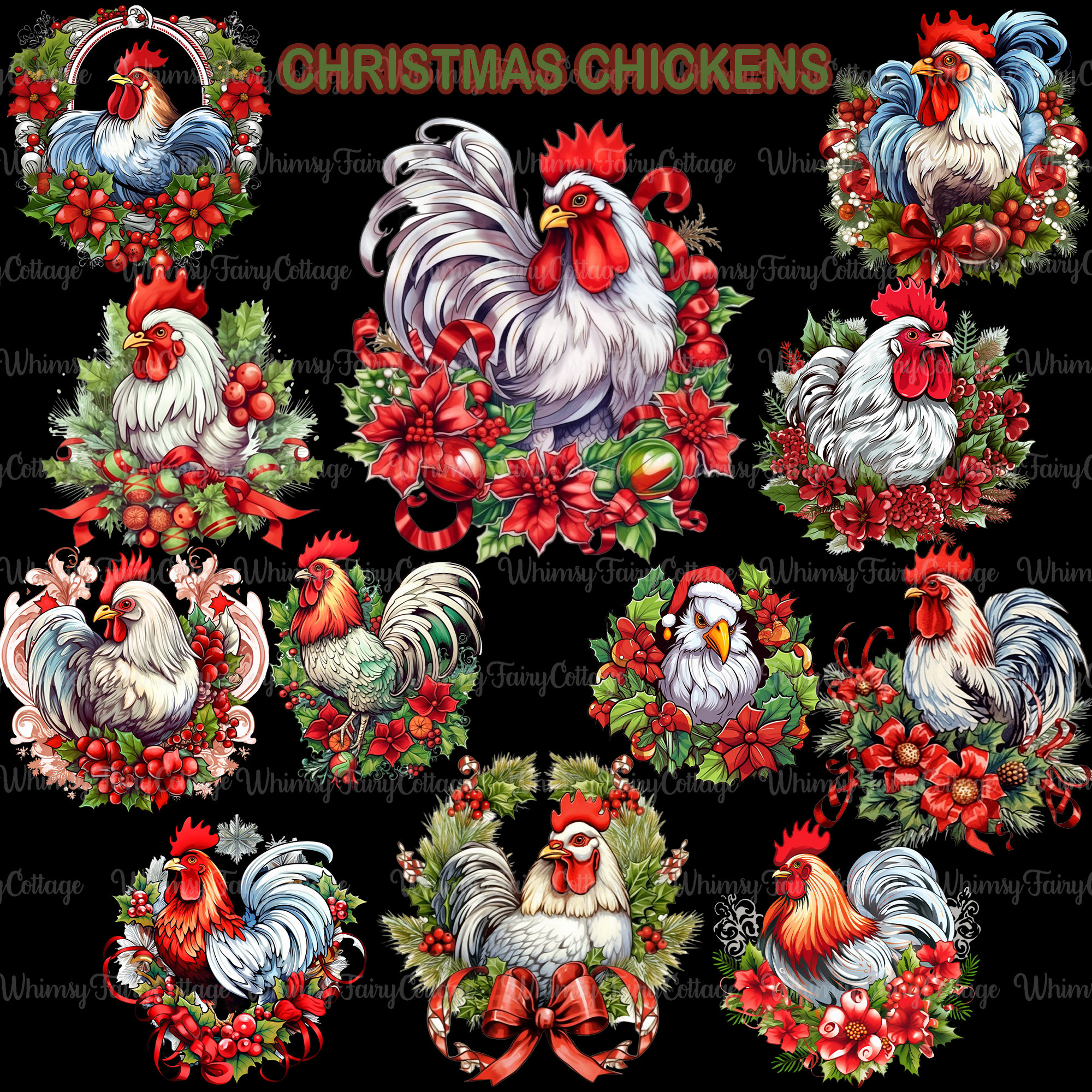 Christmas Chicken Clipart, Holiday Chickens PNG Cardmaking Elements ...