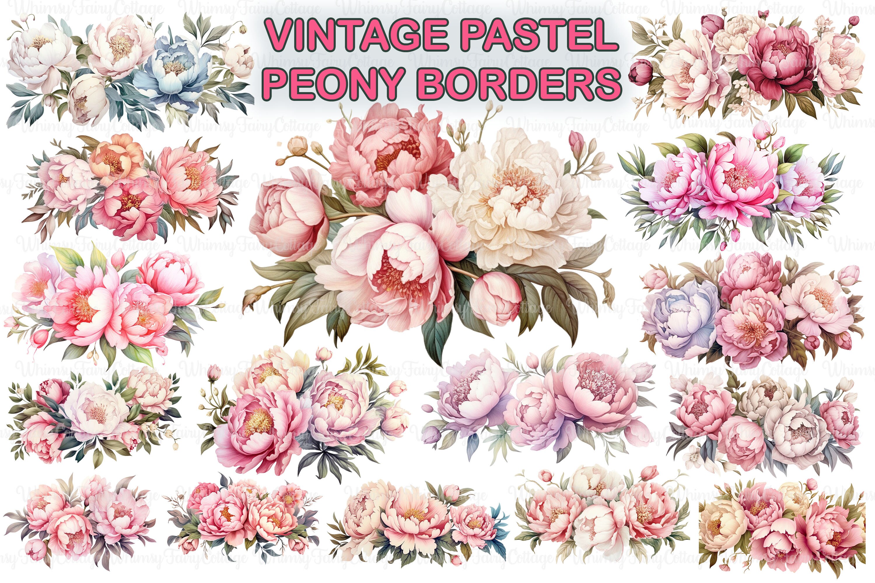 Pastel Peony Borders PNG Clipart, Vintage Pastel Peony Flowers Digital ...