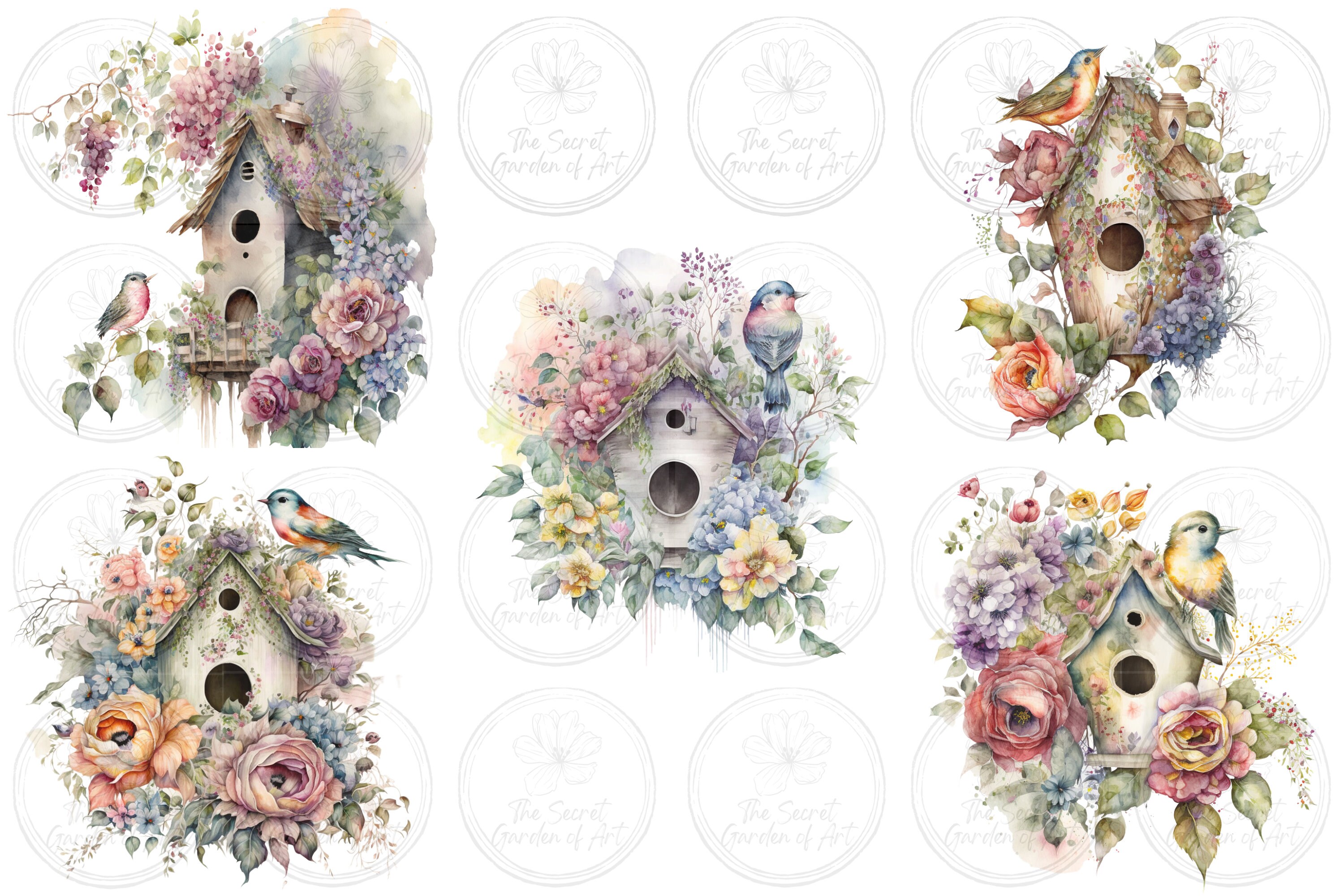 Watercolor Floral Bird Houses Clipart - 20 Png,transparent Background ...
