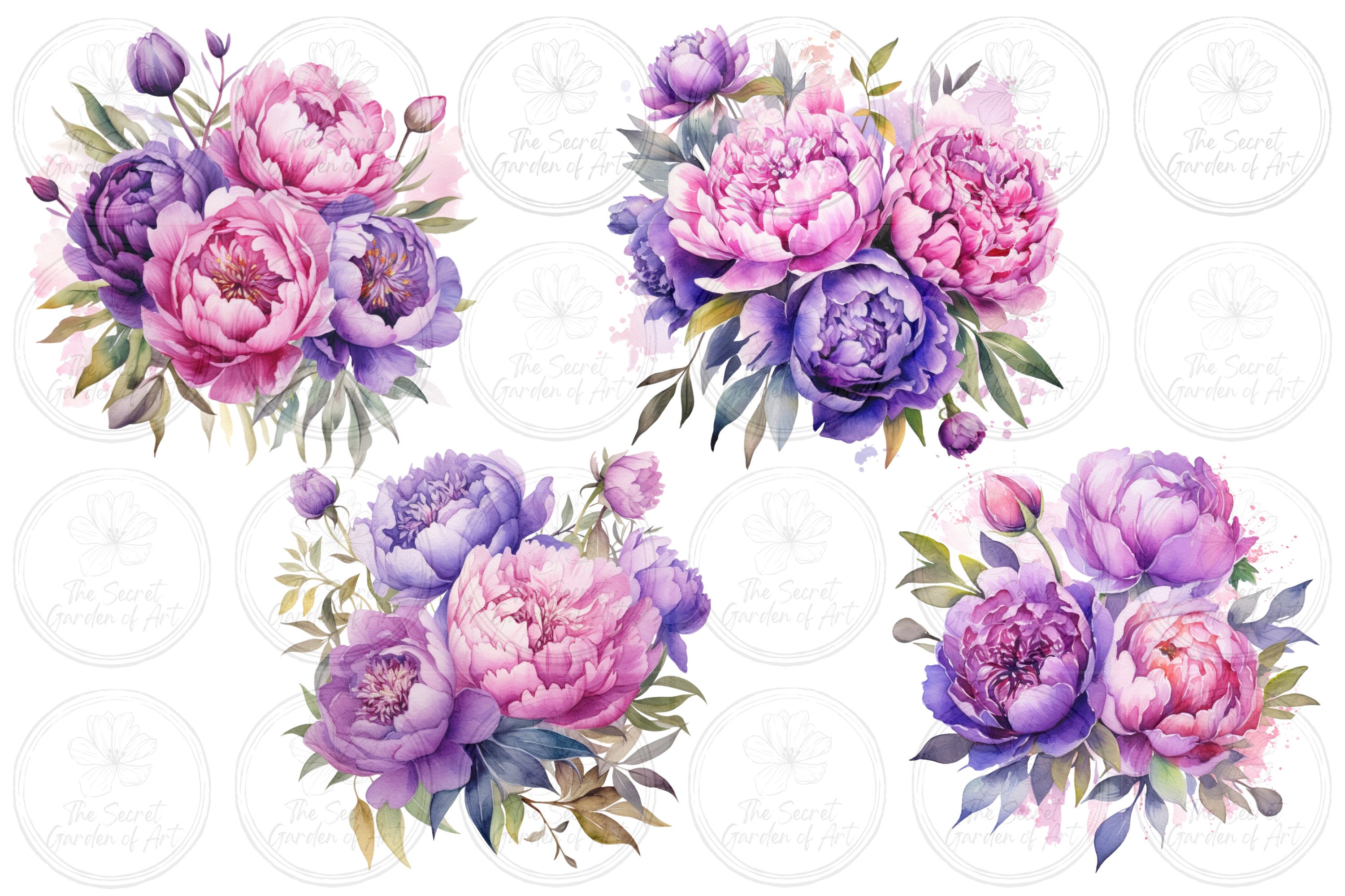 Watercolor Pink Peony Bouquet Clipart- 8 Png,transparent Background ...
