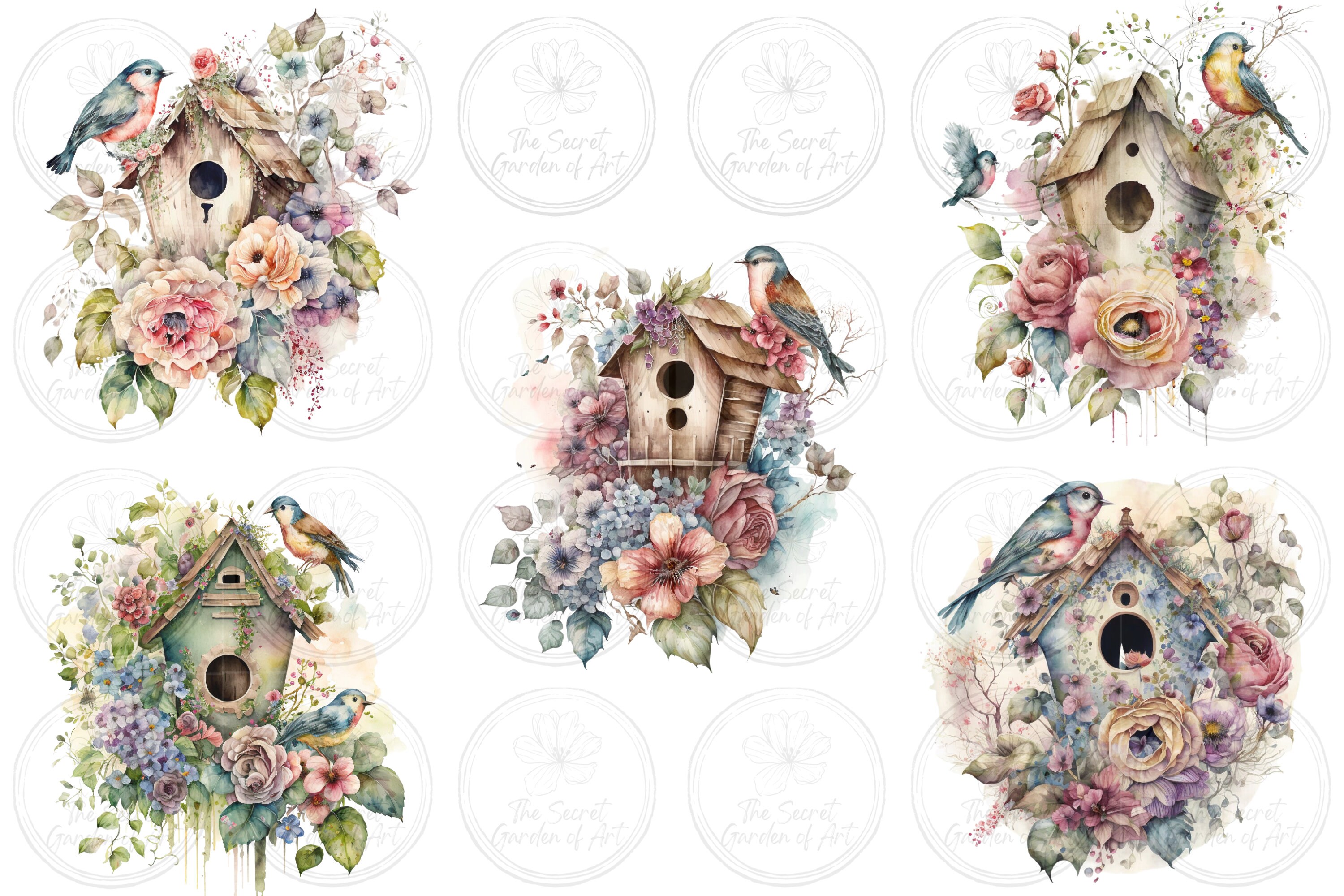 Watercolor Floral Bird Houses Clipart - 20 Png,transparent Background ...