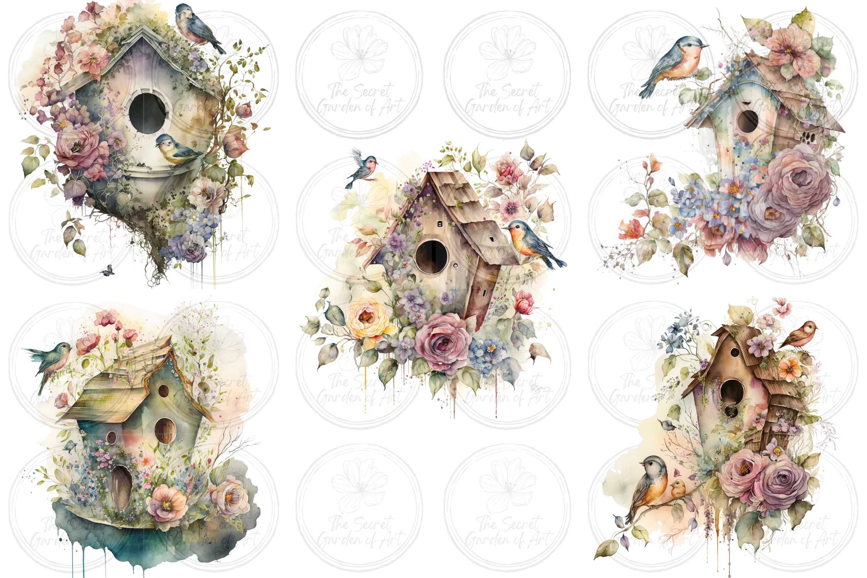 Watercolor Floral Bird Houses Clipart - 20 Png,transparent Background ...