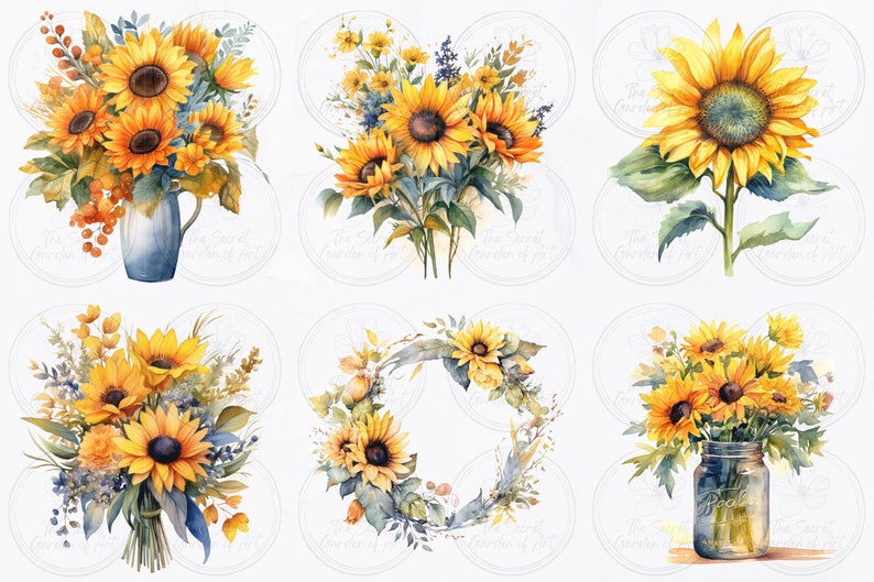 Watercolor Sunflowers Bouquet Clipart Bundle - 20 Png,transparent ...