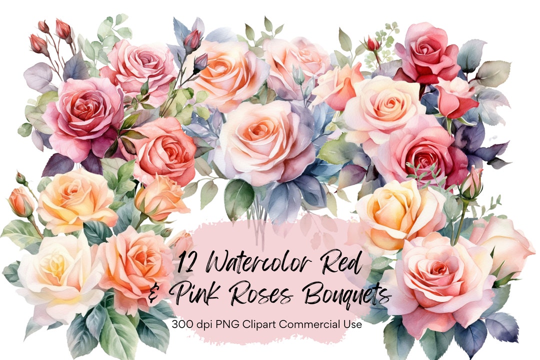 Watercolor Red & Pink Roses Bouquet Clipart - 12 Png,transparent ...